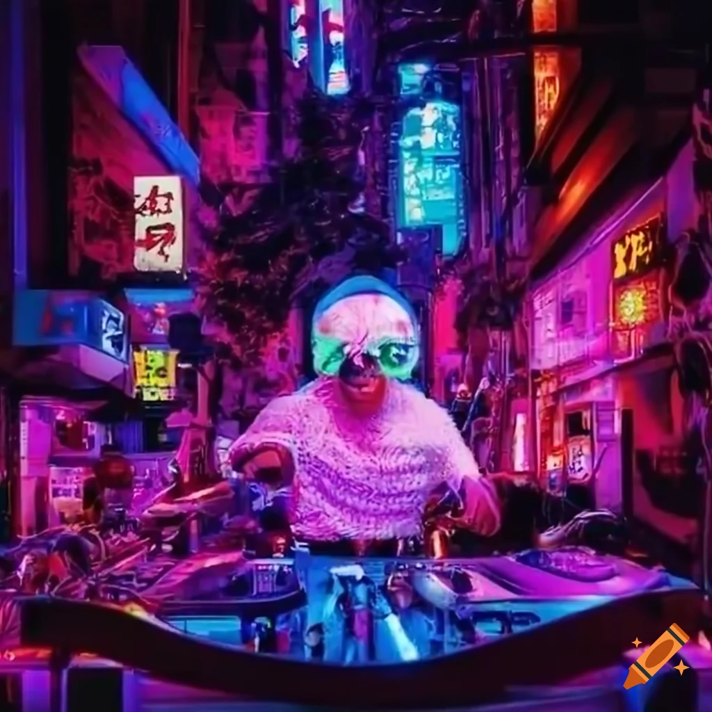 Cool dj on neon streets of tokyo with dancing monsters on Craiyon