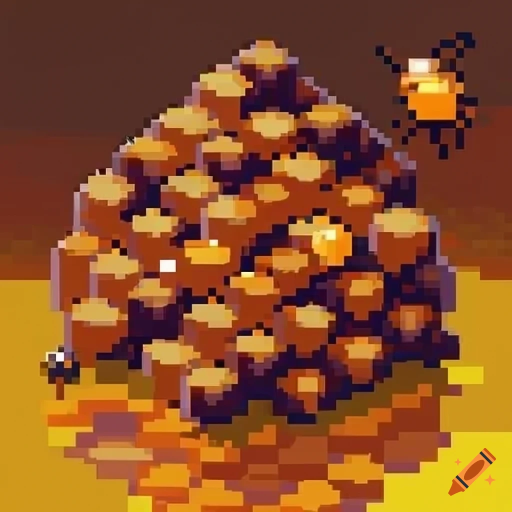 Pixel art of beeswax honeycomb and insects with amber stones and copper ...