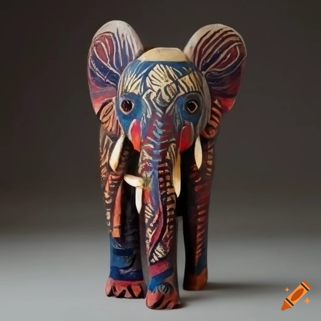 Wooden elephant with colorful markings in primitive bali style on Craiyon
