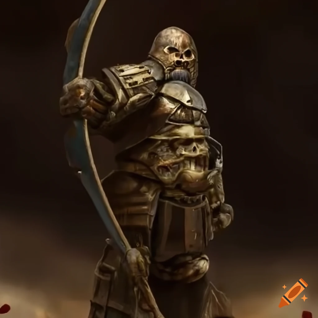 Evil dwarven skeleton in metal armor with a large bow on Craiyon