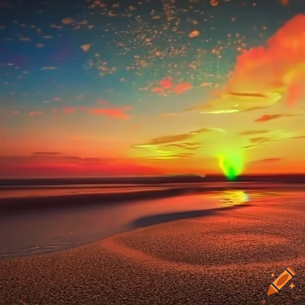 Vibrant sunset with copper crown opals on gold beach sand on Craiyon