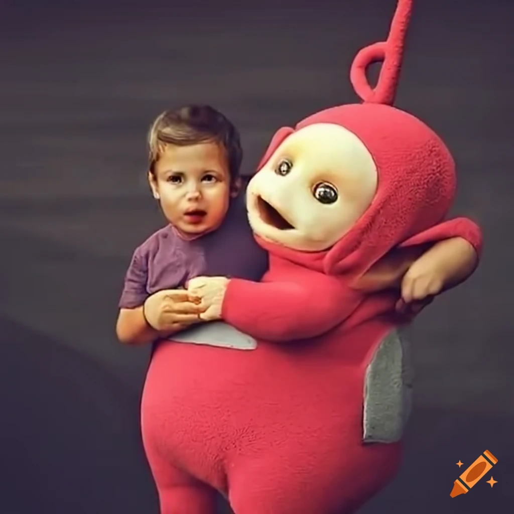 Female teletubby offering piggyback ride to a boy on Craiyon