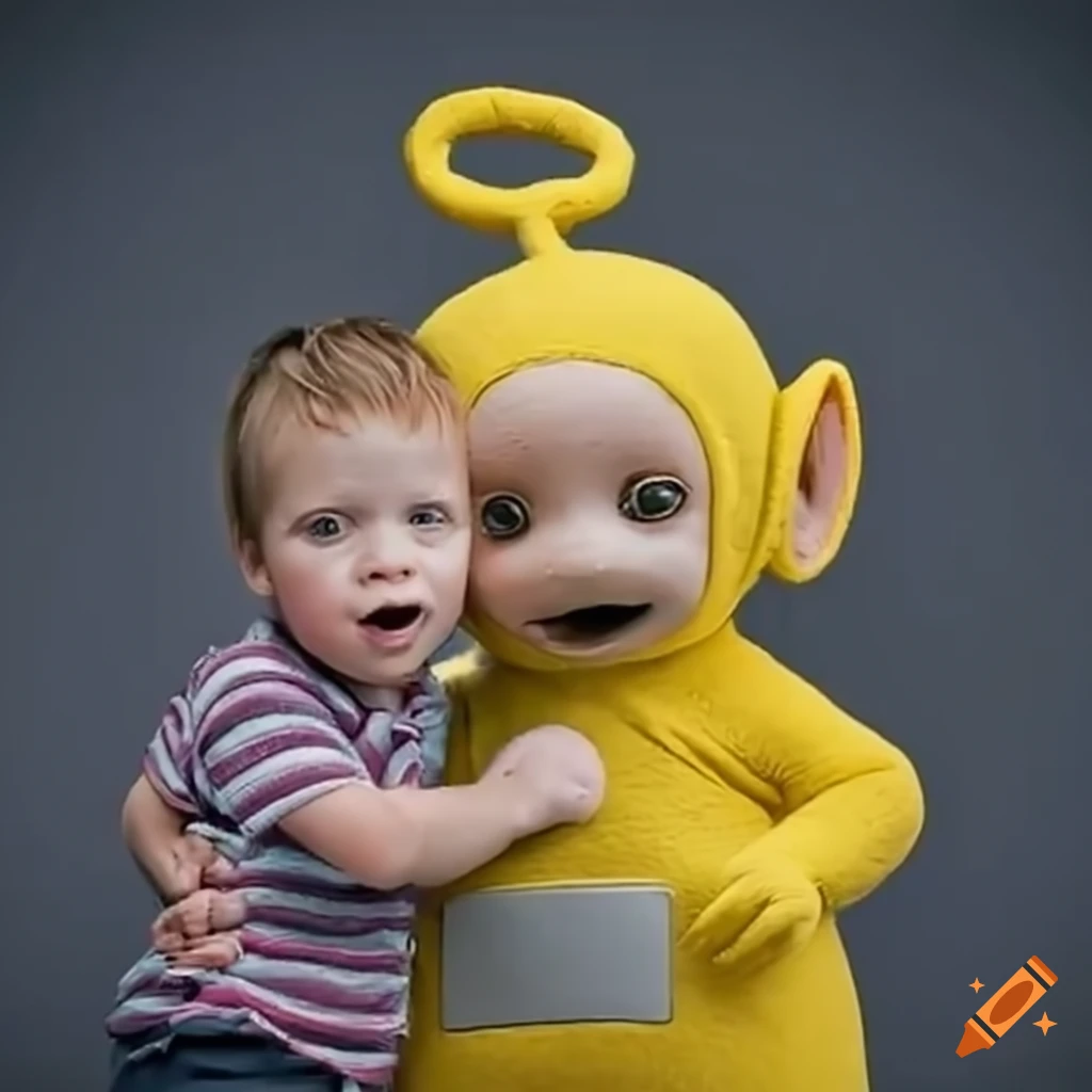 Female teletubby offering a piggyback ride to a boy on Craiyon