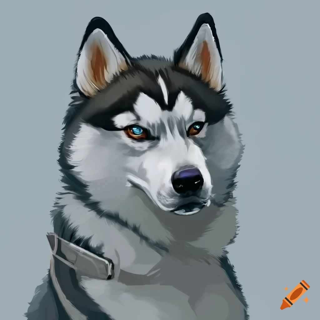 Sled dog husky with a fierce look in digital art style for DnD on Craiyon