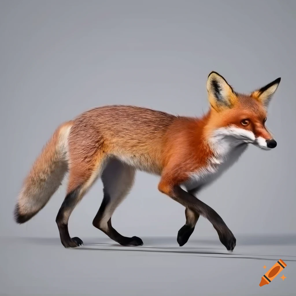 Side view of a realistic red fox running on a white background on Craiyon