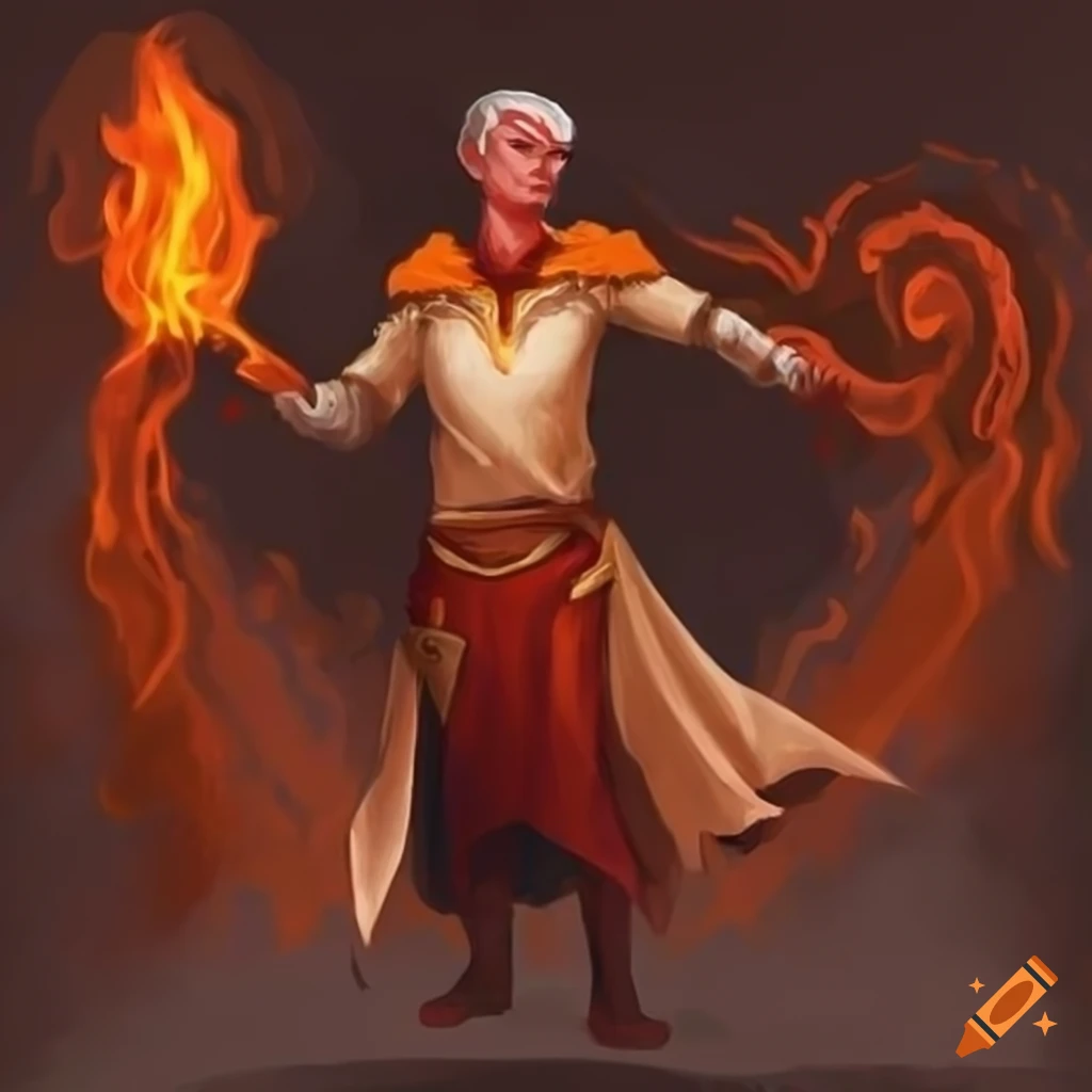 Fire genasi sorcerer with red skin and tunic on Craiyon