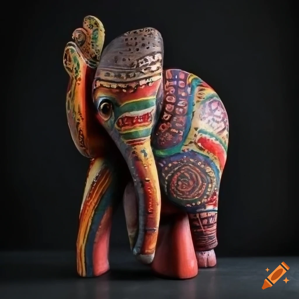 Wooden elephant with colorful markings in Bali primitive art style on ...