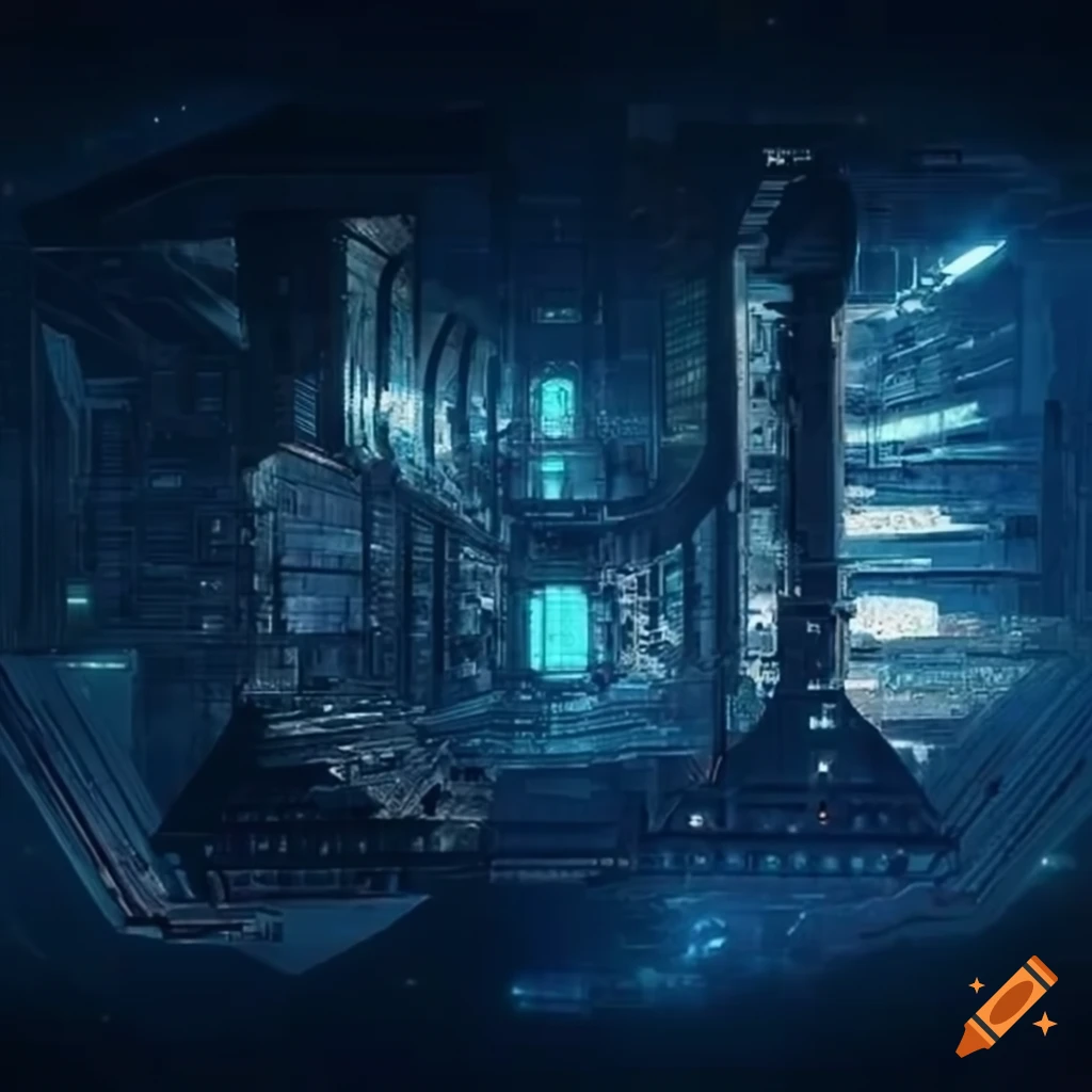 Intricate blueprint of a futuristic multi-level space station on Craiyon