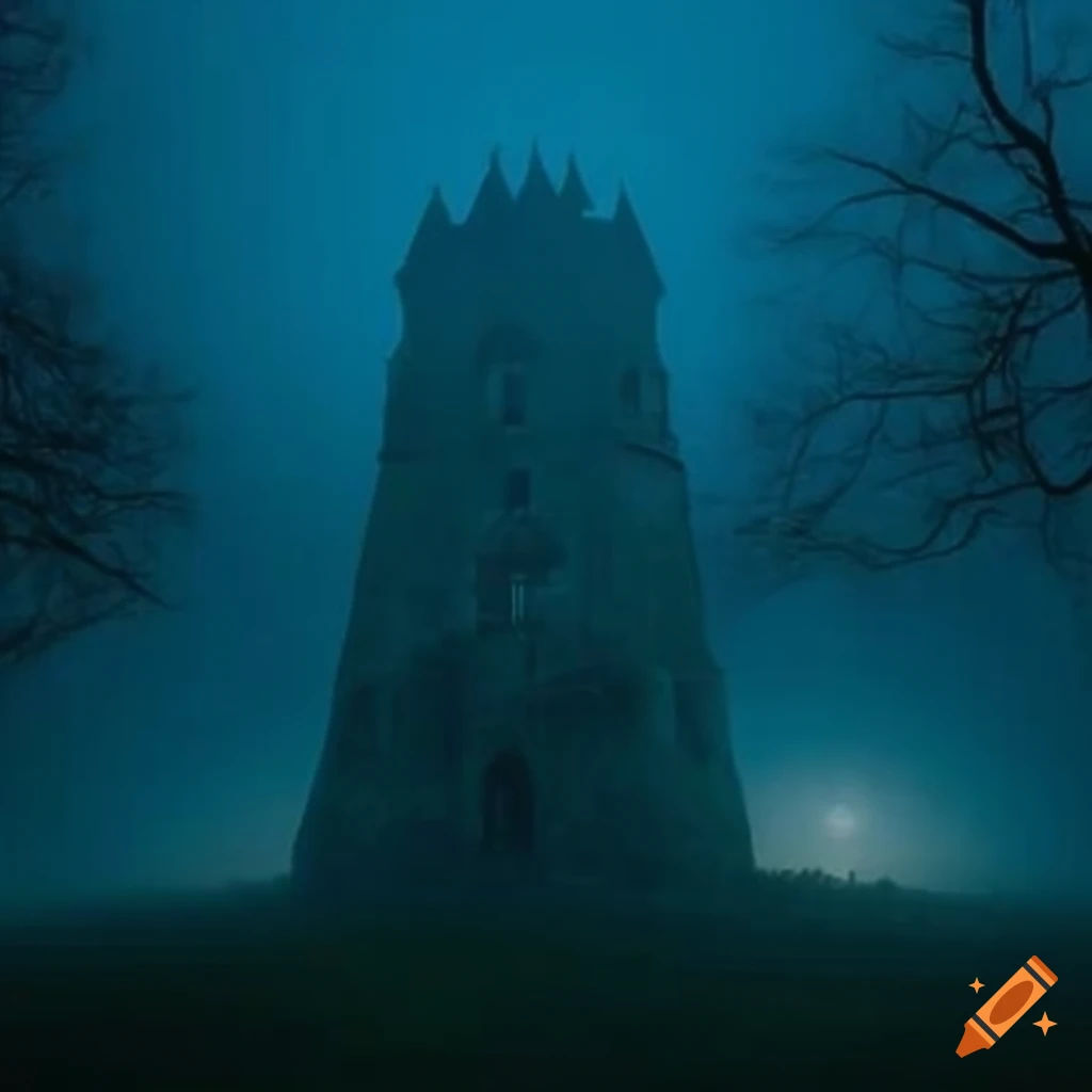 Mysterious Castle Emerging From Dense Fog With Illuminated Entrance On