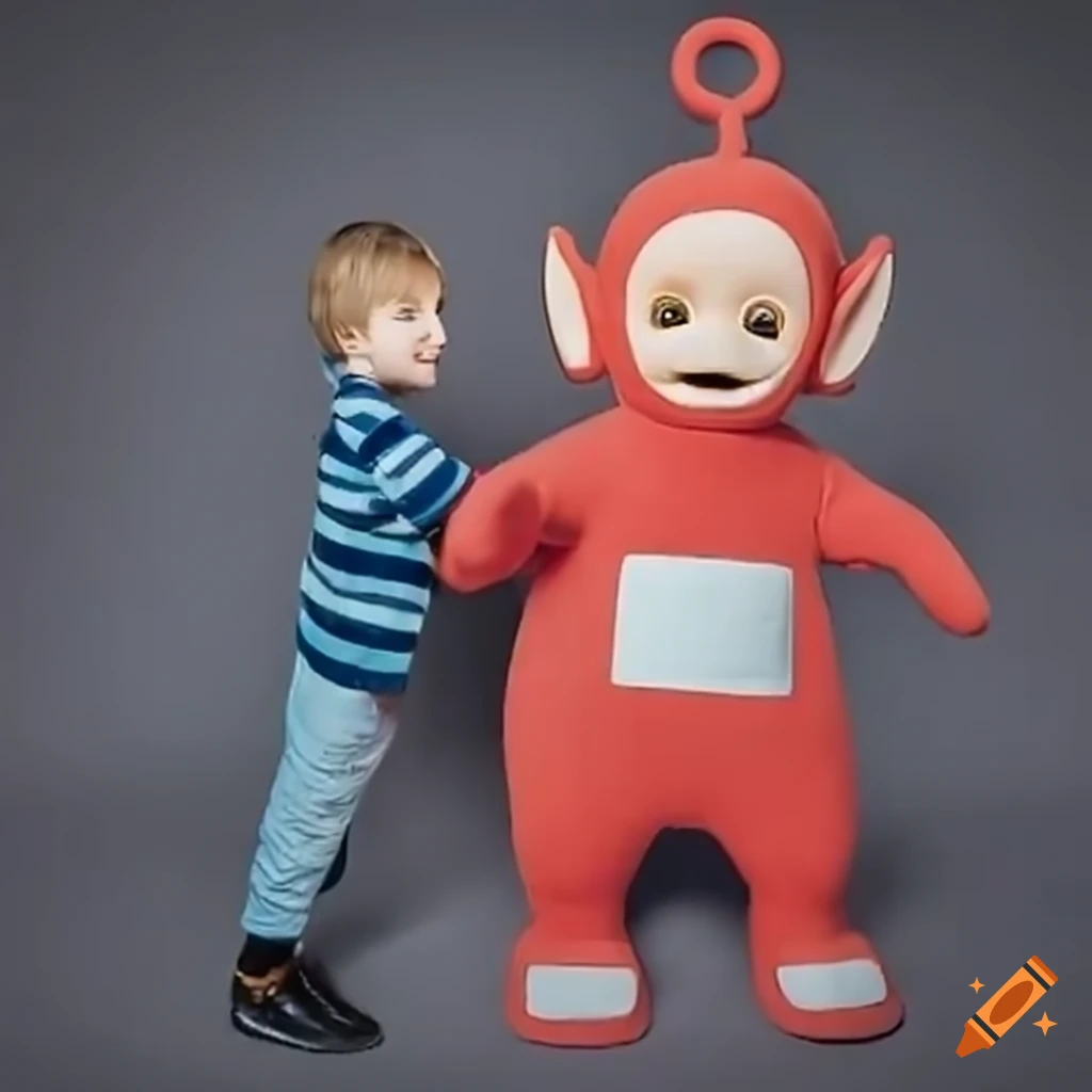 Female teletubby offering a piggyback ride to a boy on Craiyon