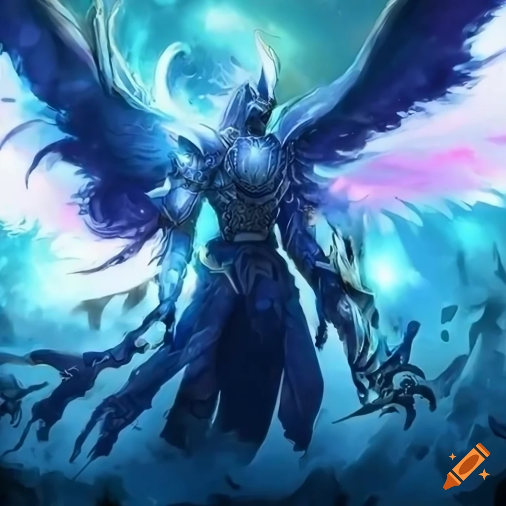 Celestial sky knight in anime art style with giant clouds, fully ...