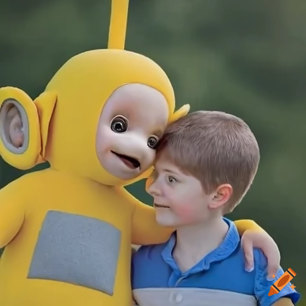Female teletubby offering a piggyback ride to a boy on Craiyon