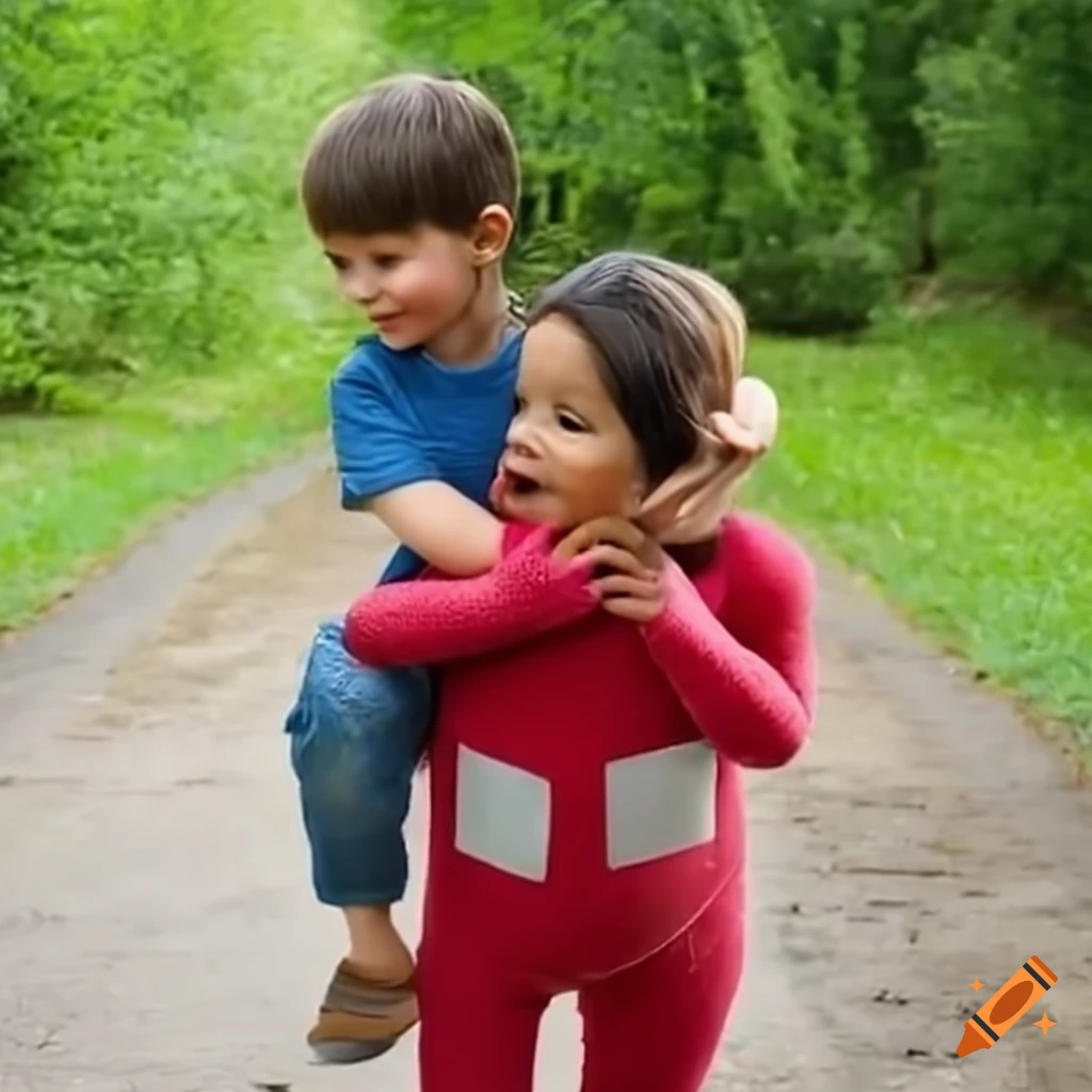 Female teletubby offering piggyback ride to a boy on Craiyon