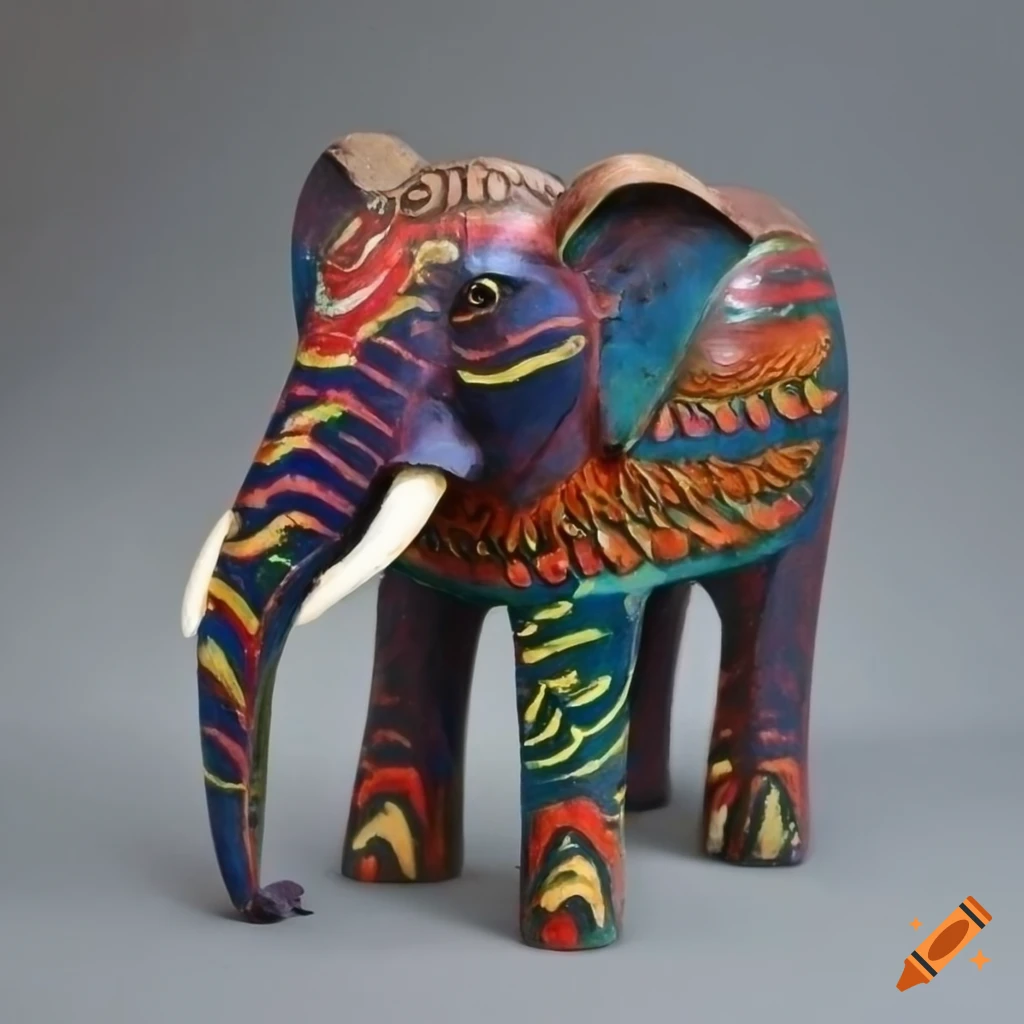 Wooden elephant with colorful markings in Bali primitive art style on ...