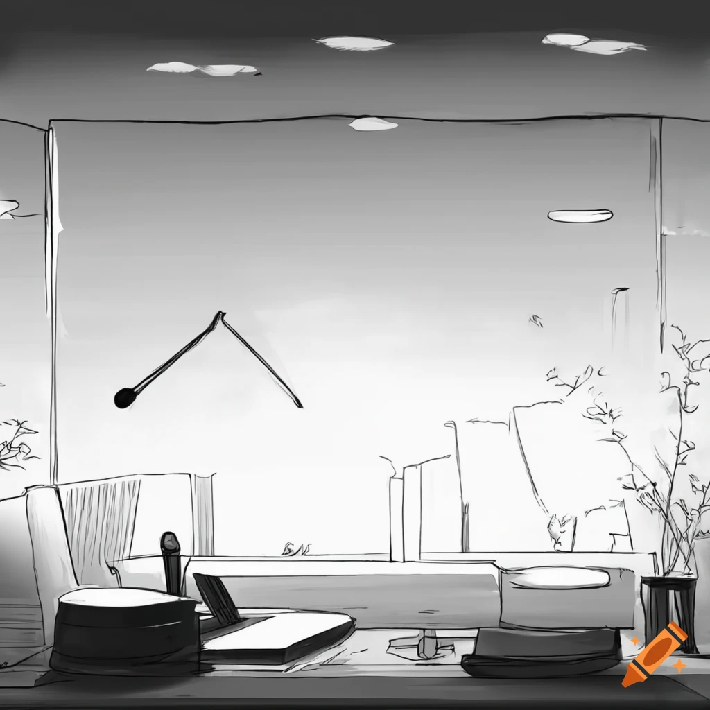 Black and white office room drawing background on Craiyon