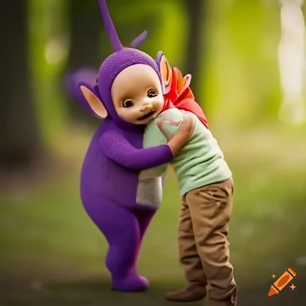 Female teletubby offering to carry a boy piggyback on Craiyon
