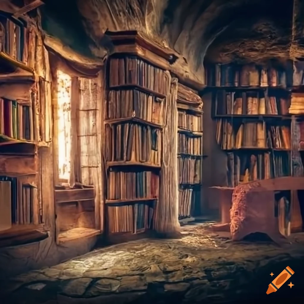 Remote cave library with ancient books on rough stone floor on Craiyon