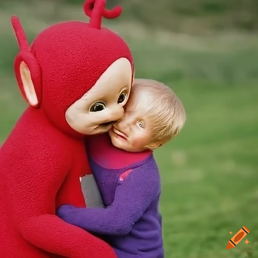 Female teletubby offers piggyback ride to a boy on Craiyon