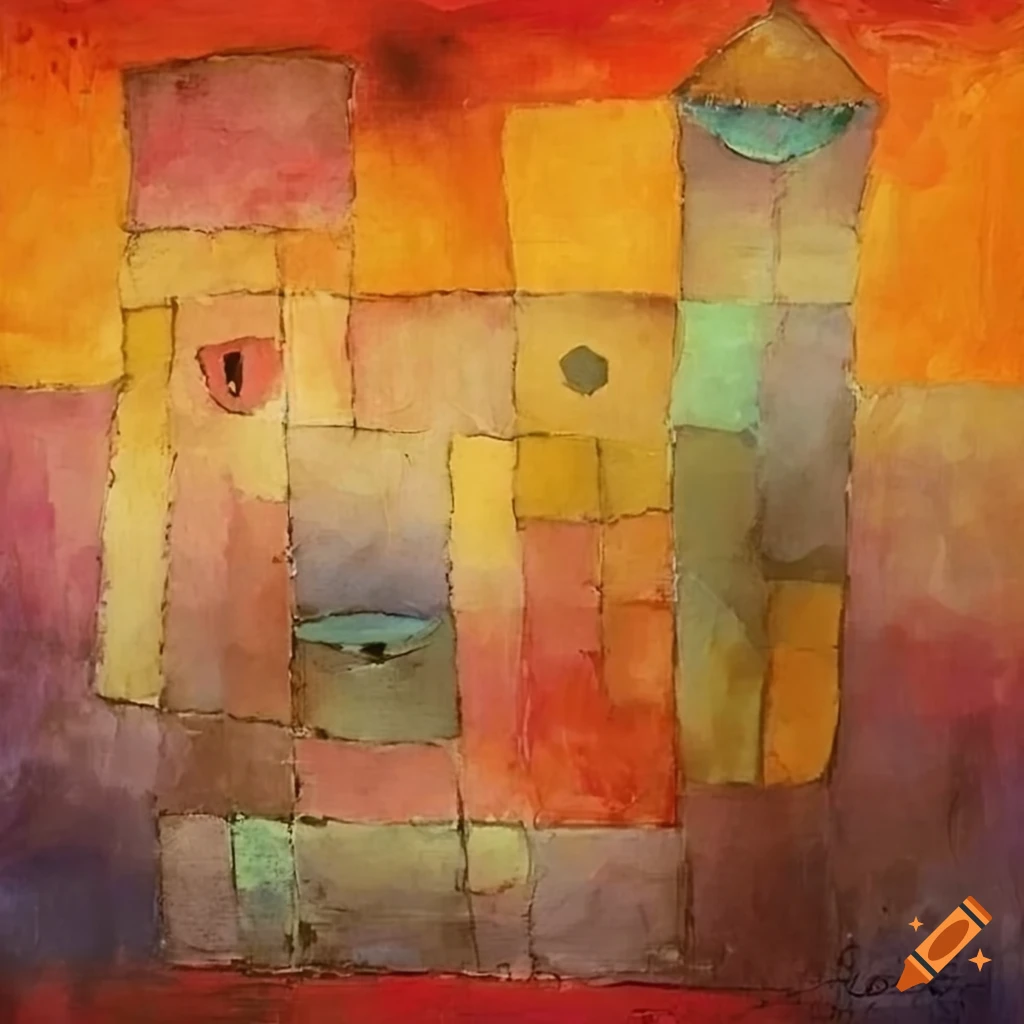 Surrealist landscape in the style of Paul Klee with transparent squares ...