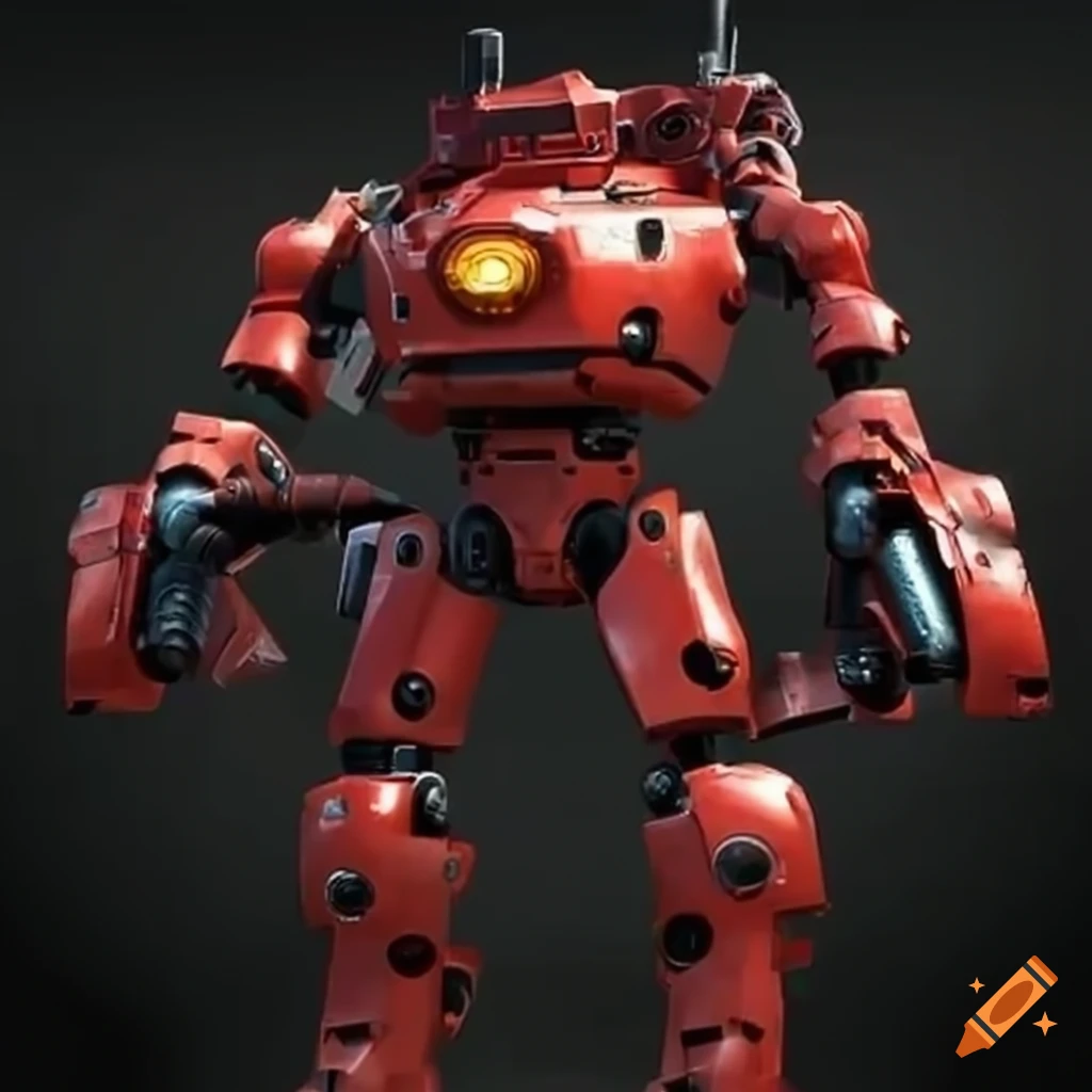 Red combat robot with multiple armaments on Craiyon