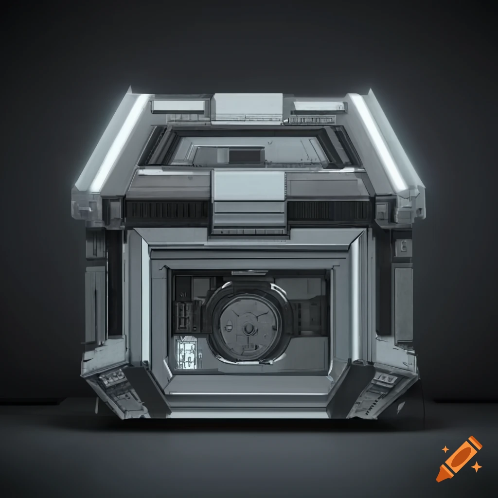 Front view of a futuristic sci-fi crate in grayscale on Craiyon