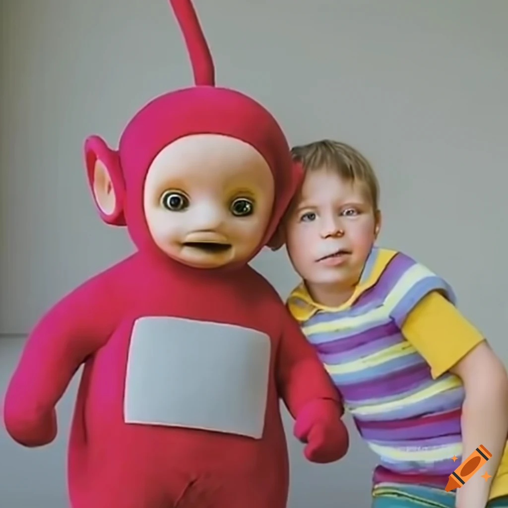 Female teletubby offering piggyback ride to a boy on Craiyon