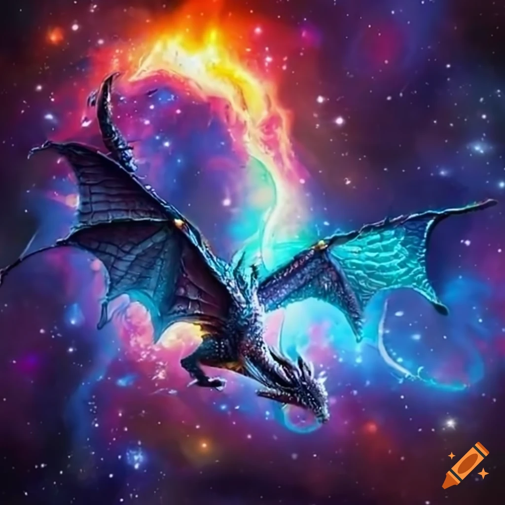 Dragon flying through space breathing cosmic fire on Craiyon