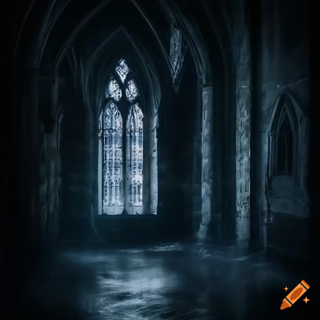 Lightning seen through windows in a dark gothic castle room on Craiyon