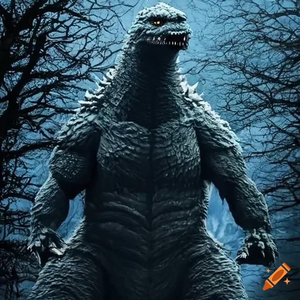 Godzilla relaxing in a winter forest on Craiyon