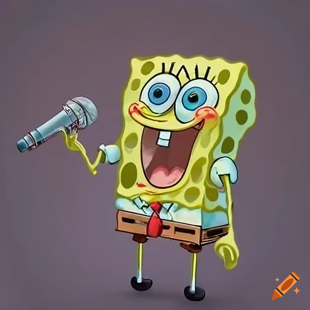 Spongebob Squarepants singing into a vintage microphone on Craiyon