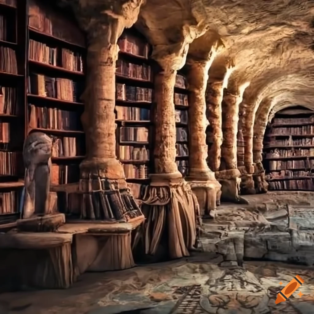 Remote cave library with ancient books and stone floor on Craiyon