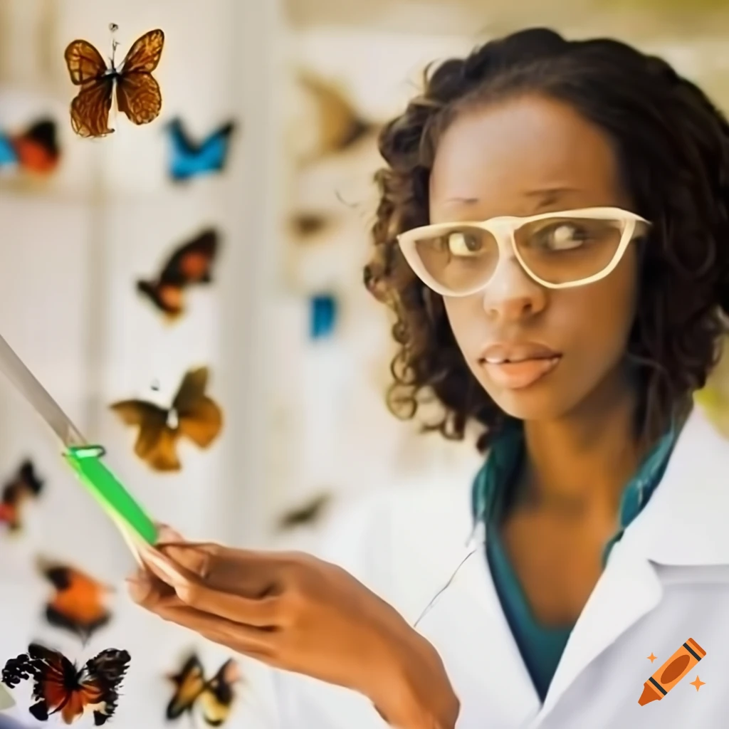 Young woman scientist examining butterflies with microscope in a modern ...