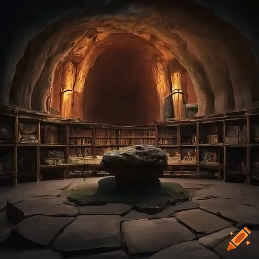 Huge dark abandoned dragon's cave deep inside a mountain with sandstone ...