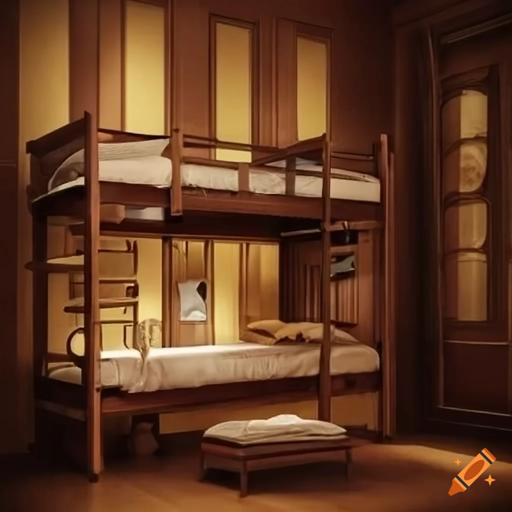 Victorian style dormitory with bunk beds and beige furniture in living room on Craiyon