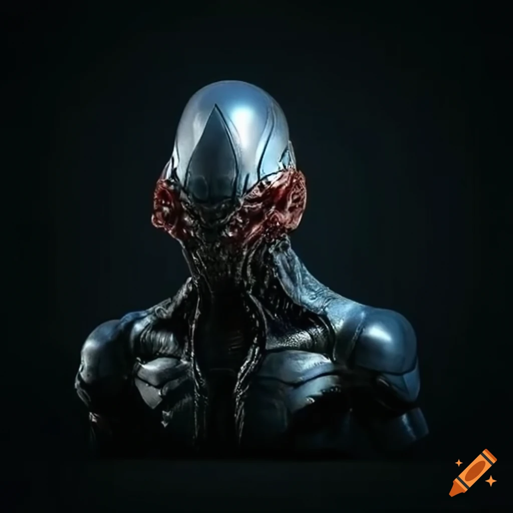 Carnivorous alien in a shiny battle suit from an 80's movie on Craiyon