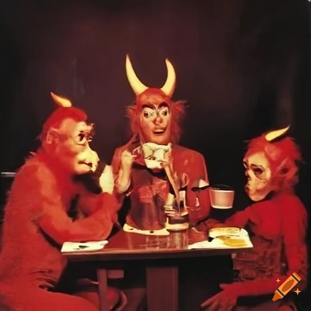 1970's funny jolly image of people in devil costumes with monkey faces ...