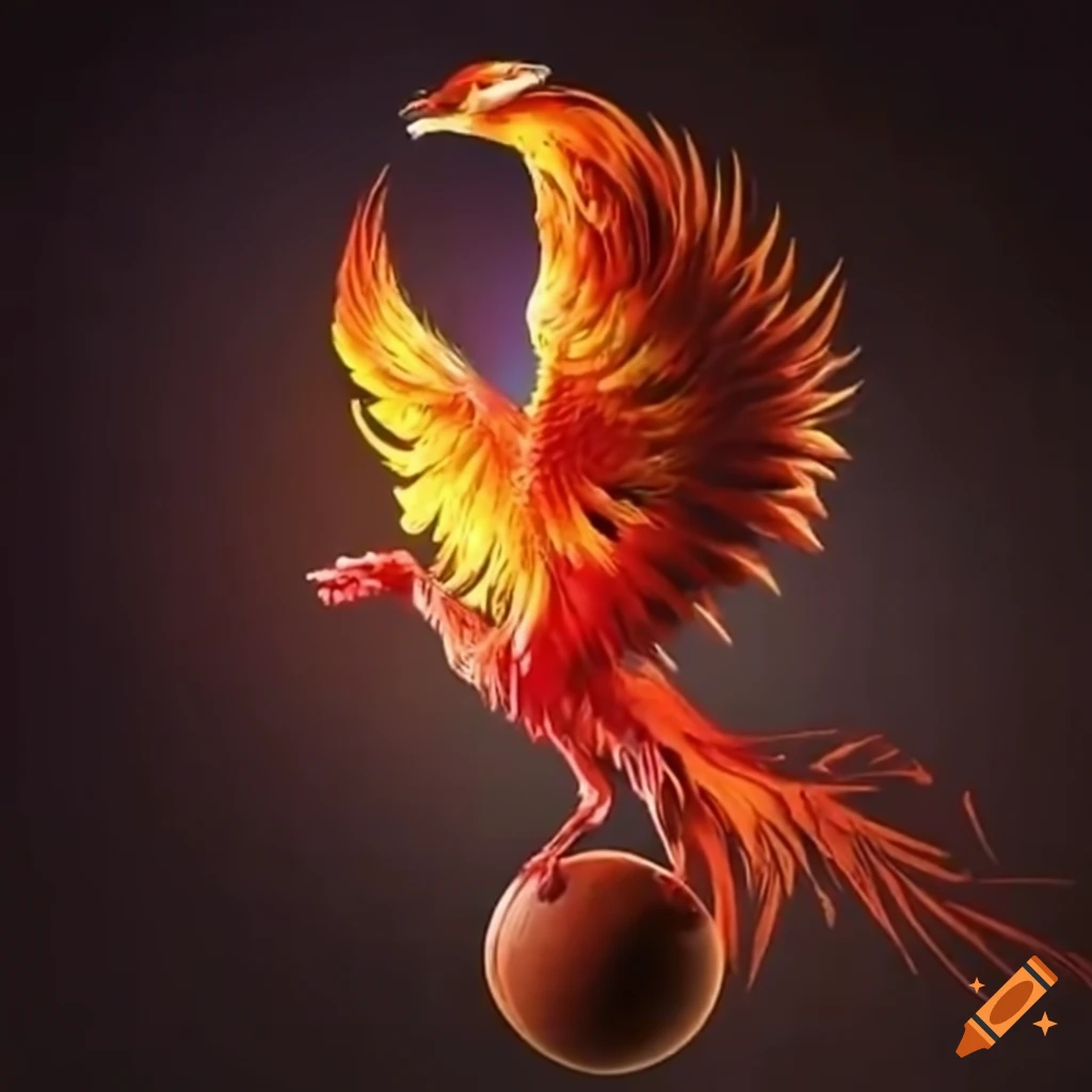 Phoenix carrying a basketball towards a hoop in flames on Craiyon