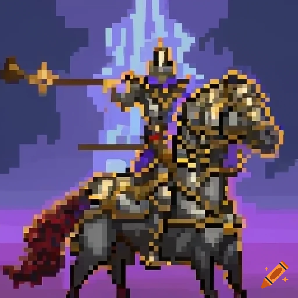 Pixel art of a wizard knight on a horse on Craiyon