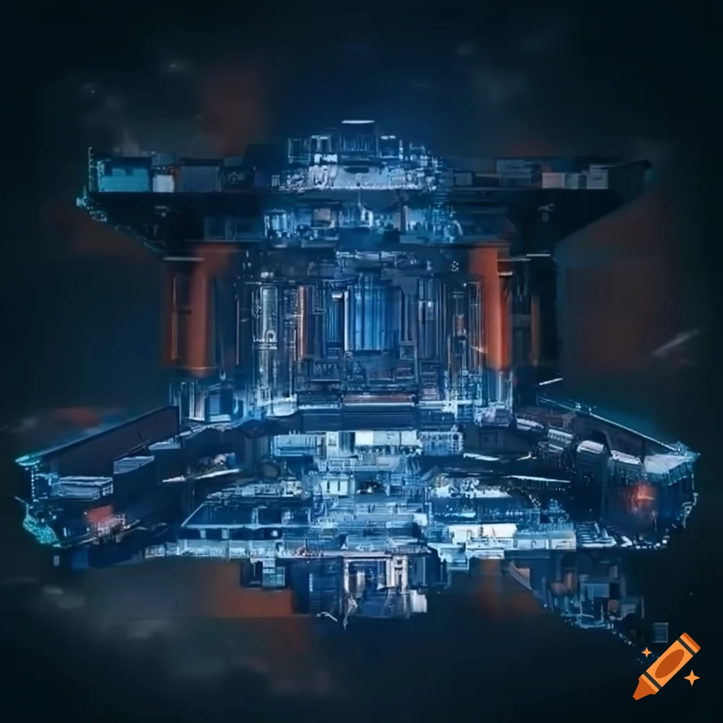 Blueprint of a futuristic multi-level space station on Craiyon