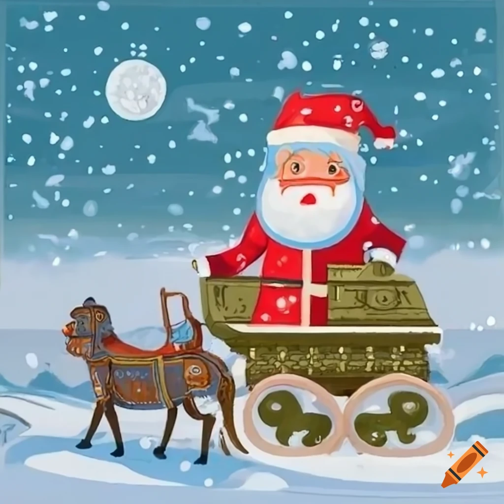 Saint nicholas riding a tank in a winter setting on Craiyon