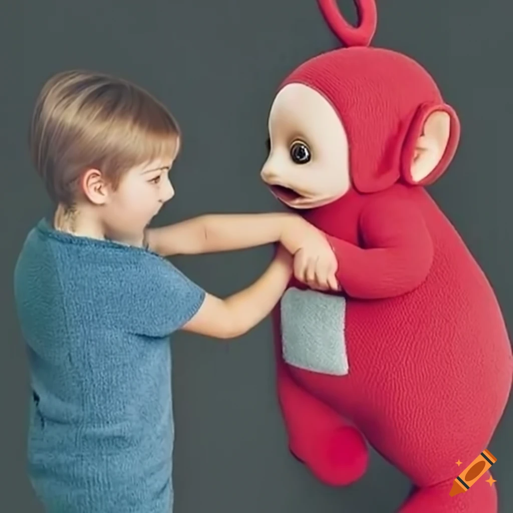 Female Teletubby offering a piggyback ride to a boy on Craiyon