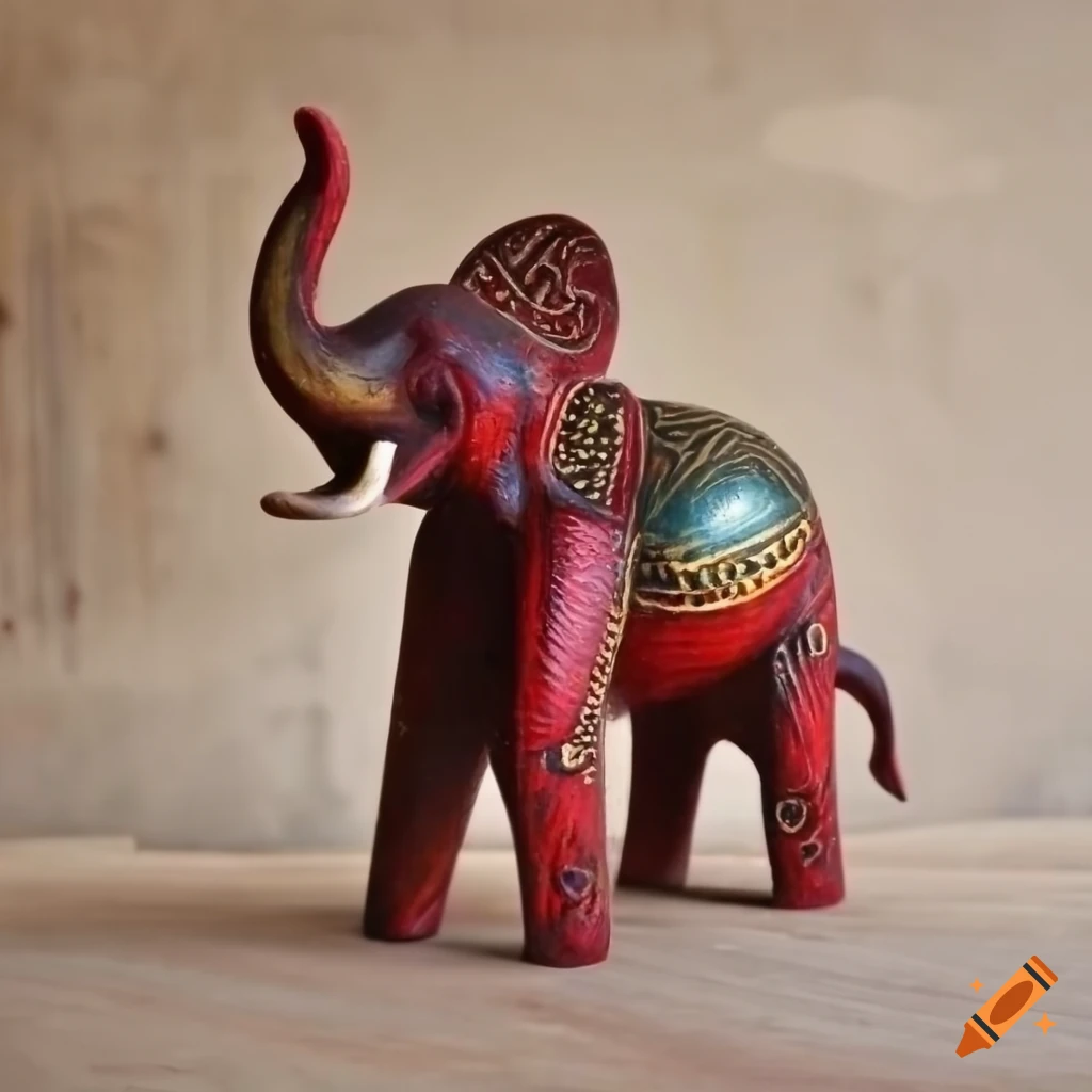 Wooden elephant statue with dark red and golden markings in Bali ...