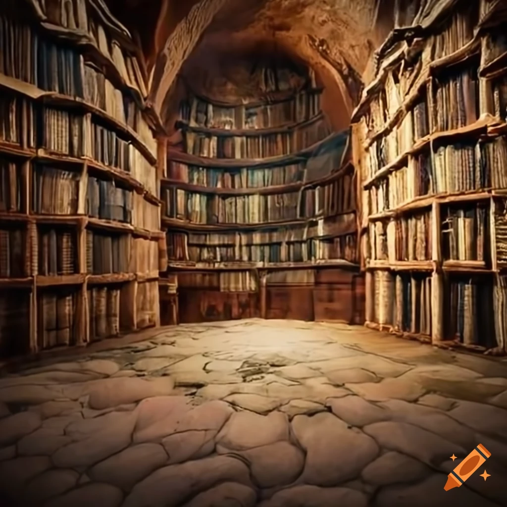 Remote cave library with ancient books on rough stone floor on Craiyon