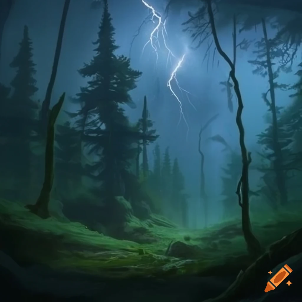 Stormy night in a dense forest with lightning on Craiyon