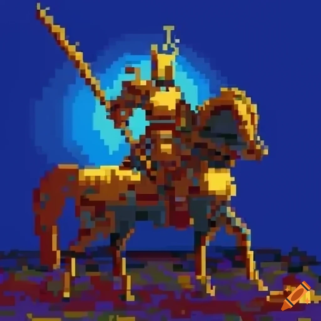 Pixel art of a wizard knight riding a horse on Craiyon