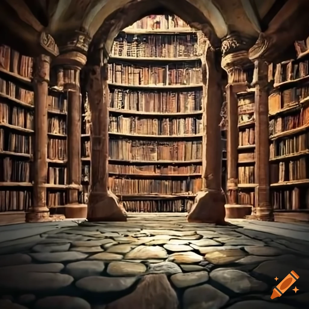 Remote cave library with ancient books and stone floor on Craiyon