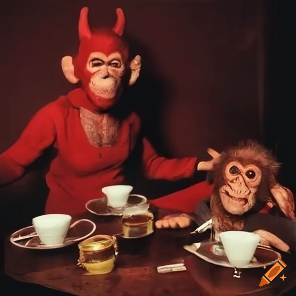 1970's funny jolly image of people in devil costumes with monkey faces drinking tea on Craiyon