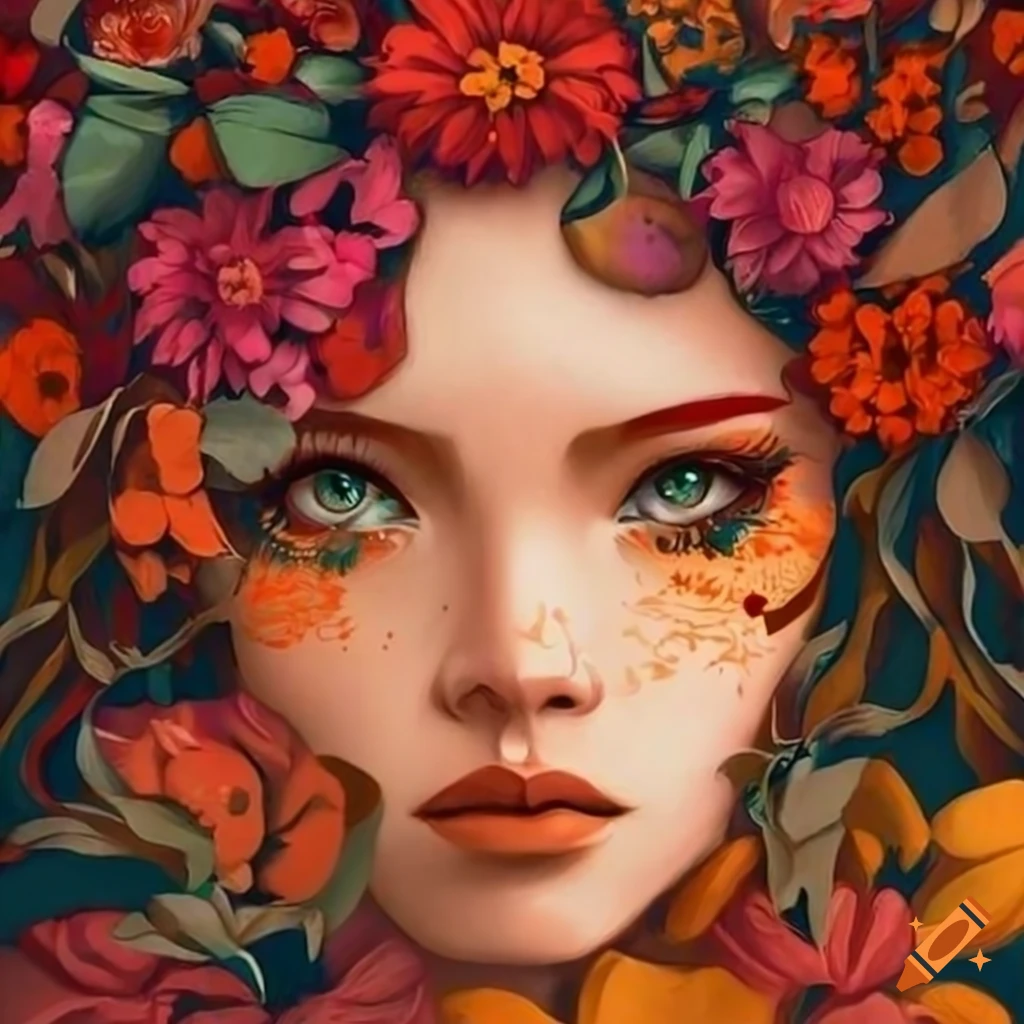 Floral portrait of a woman's face with marigolds on Craiyon