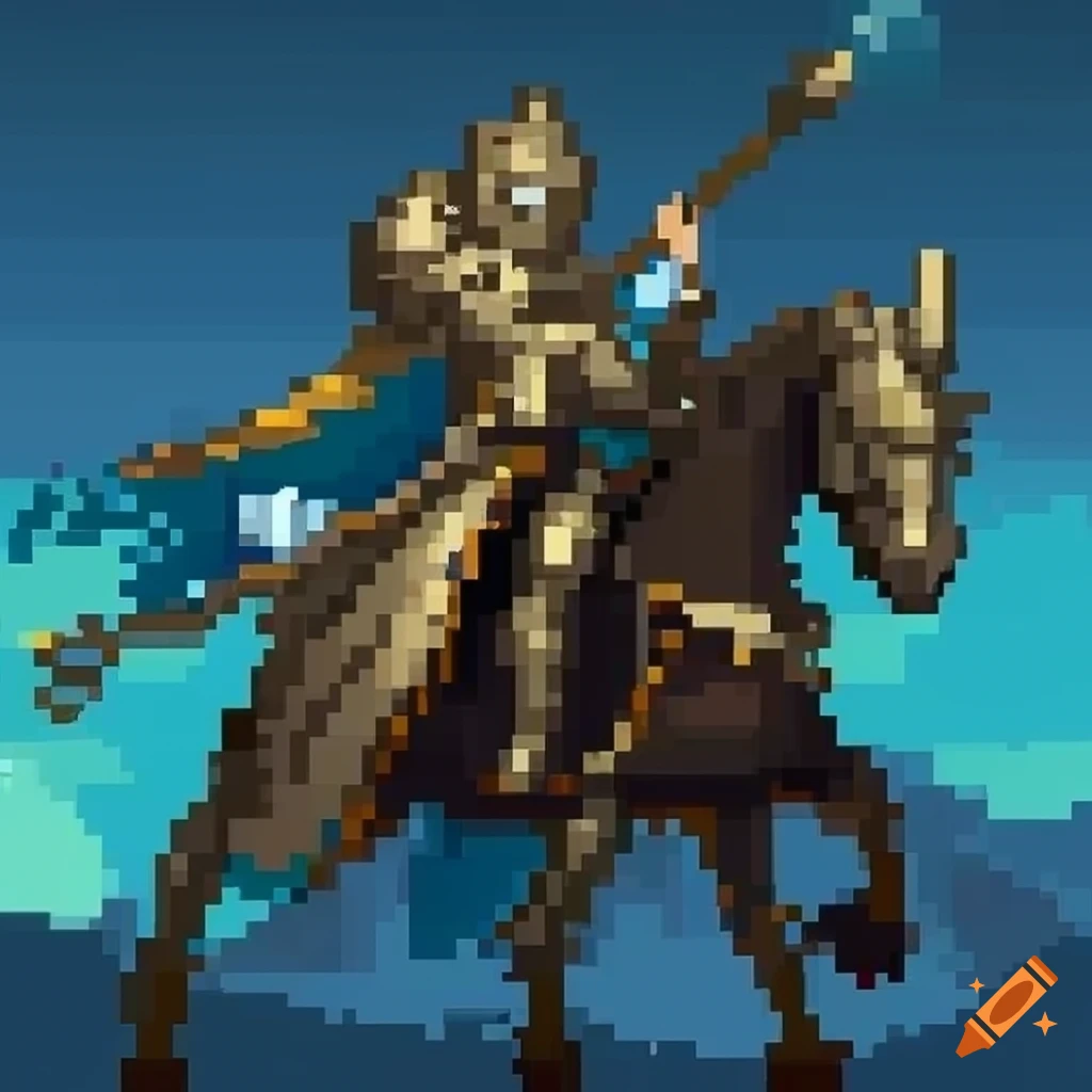 Pixel art of a wizard knight riding a horse on Craiyon