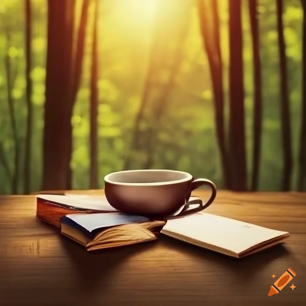 Peaceful retreat with blankets, books, and coffee among trees on Craiyon